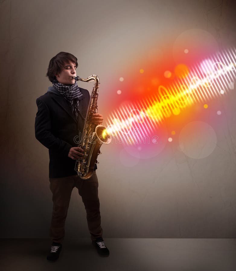 Young Man Playing on Saxophone with Colorful Sound Waves Stock Image ...