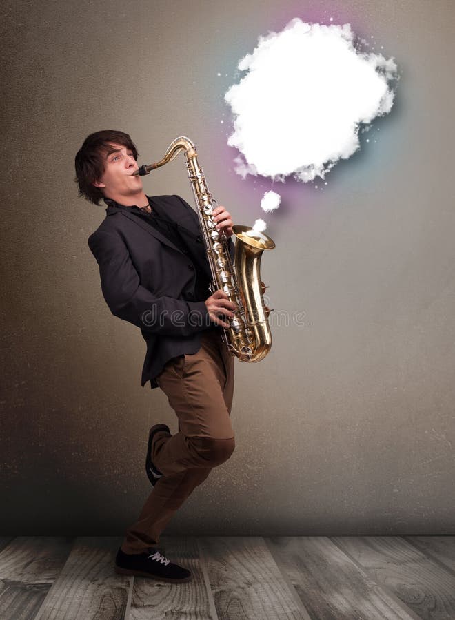 Young Man Playing on Saxophone with Copy Space in White Cloud Stock ...