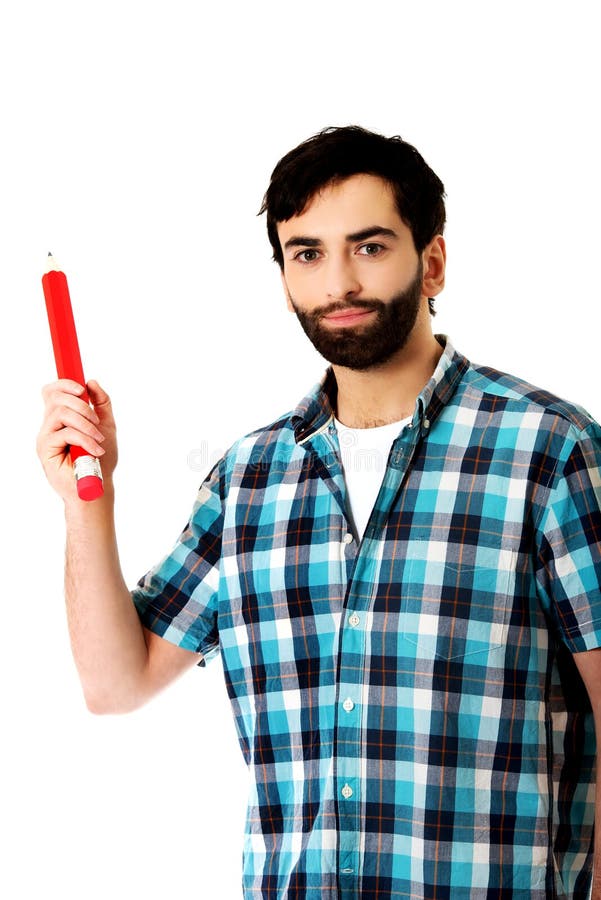 Young Man Pointing Big Red Pencil Stock Photos - Free & Royalty-Free ...