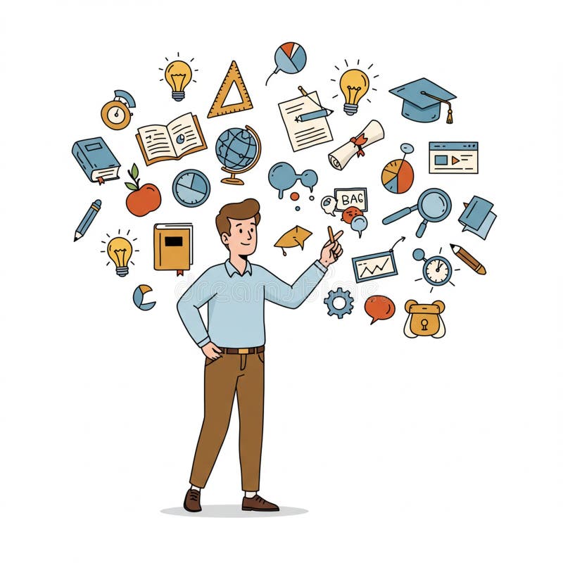 Young Man Pointing Excitedly Surrounded by Educational Symbols and ...