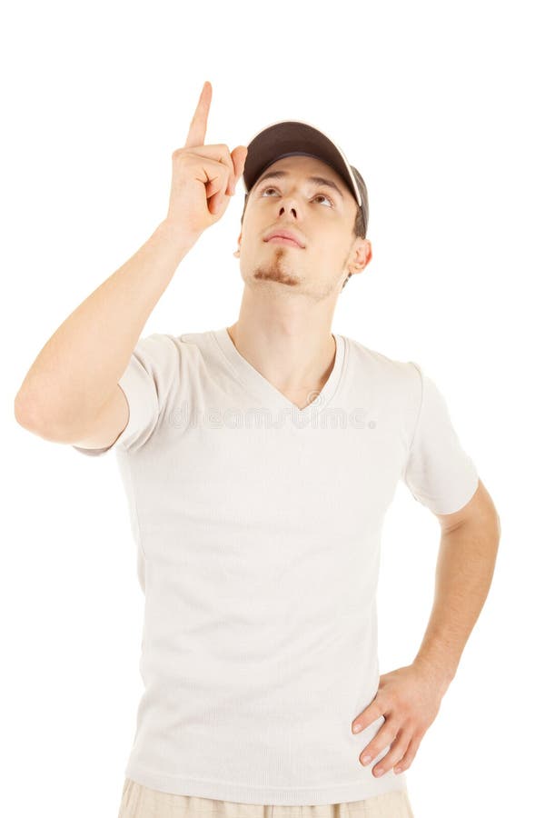 Young Man is Pointing and Looking Up Stock Image - Image of front ...
