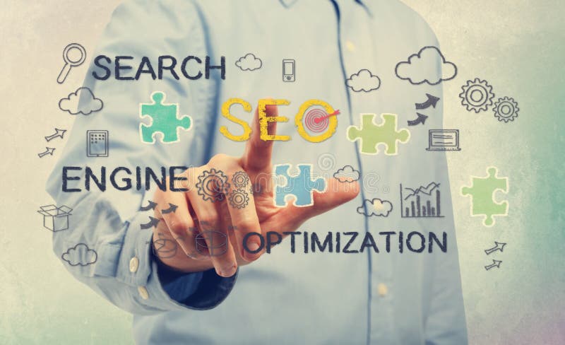 Young Man Pointing at SEO Concepts Stock Image - Image of cloud, icons ...