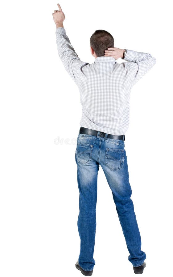 Young Man Pointing at Wall. Rear View Stock Photo - Image of pointing ...