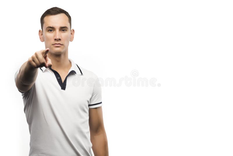 The Young Man Points a Finger To His Head Isolated on a White Stock ...