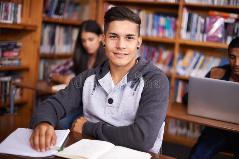 Young Man, Portrait or Studying in Library for Test or Scholarship on ...