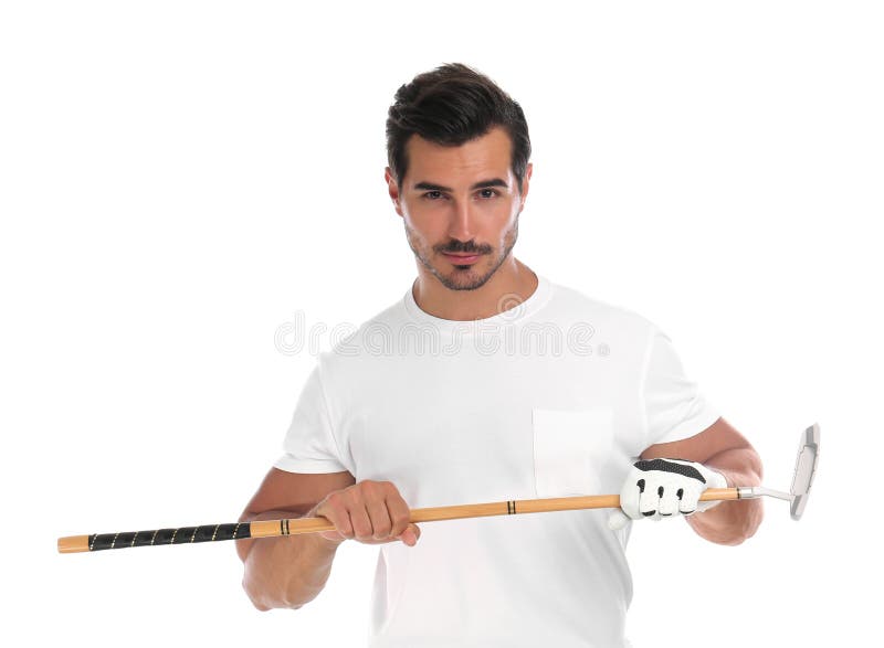 Young Man Posing with Golf Club on White Stock Image - Image of ...