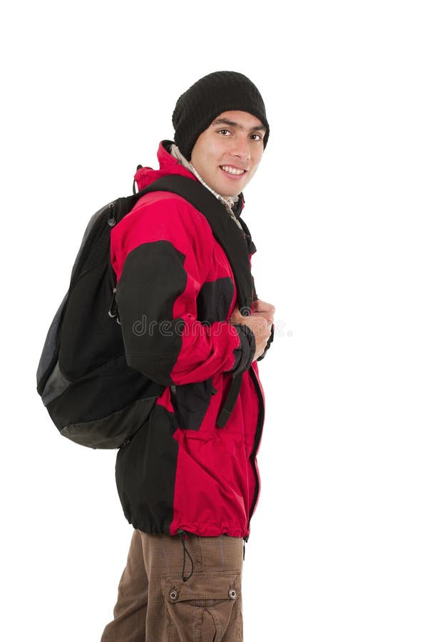 Young Man Posing Wearing Red Coat and Backpack Stock Photo - Image of ...