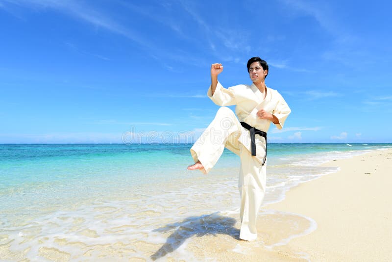 Young Man Practicing Karate at Beach Stock Photo - Image of person ...