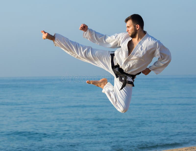 Young Man Practicing Karate Positions Stock Photo - Image of summer ...