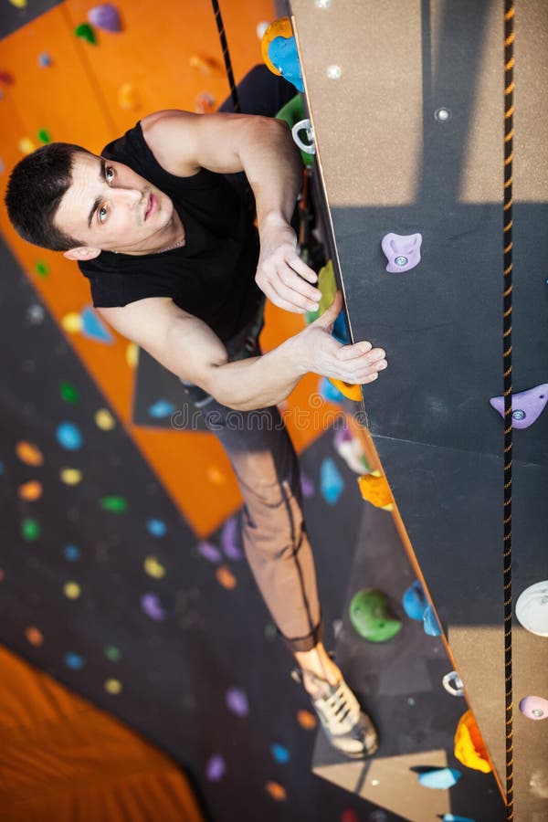 Young Man Practicing Top Rope Climbing Stock Image - Image of leisure ...