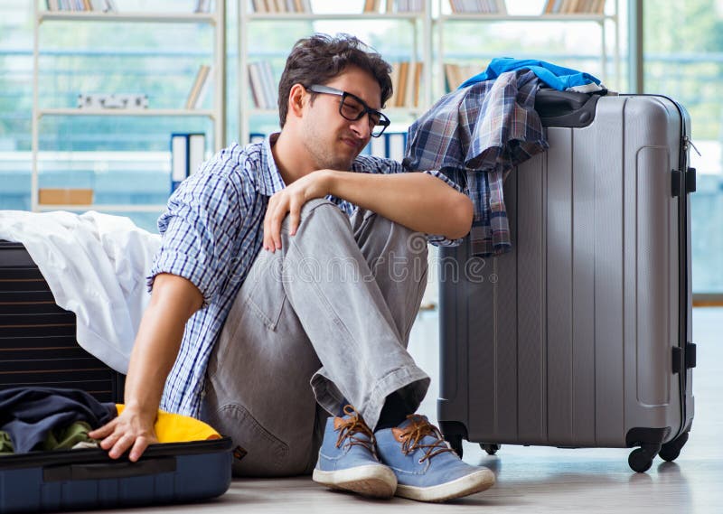 Young Man Preparing for Vacation Travel Stock Photo - Image of full ...
