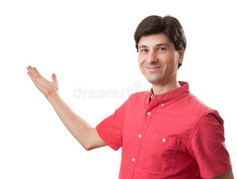 Man Showing Something on Blank White Background Stock Image - Image of ...