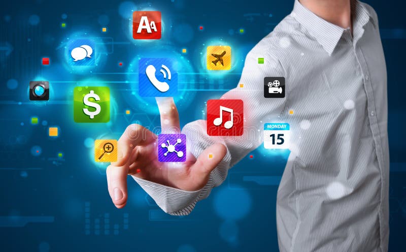 Man Pressing Various Collection of High Tech Buttons Stock Image ...