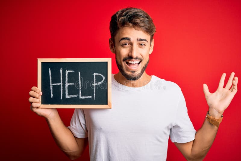 Young Man with Problem Holding Blackboard with Help Message Over Red ...