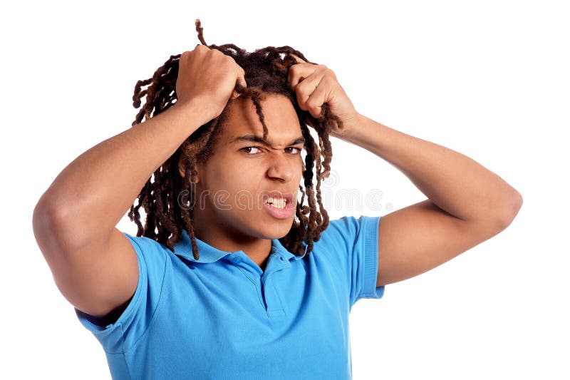 Young Man Pulling His Hair Against White Background Stock Image - Image ...