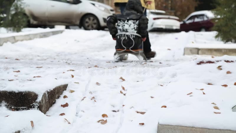 A Young Man Pulls a Sled through the Snow with His Young Son. There are ...