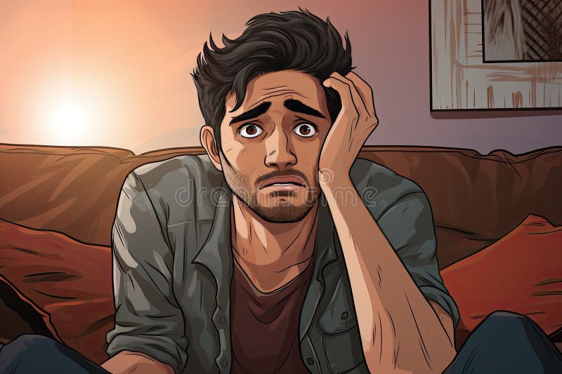 A Young Man with a Puzzled Look Put His Head in His Hands and Thought ...