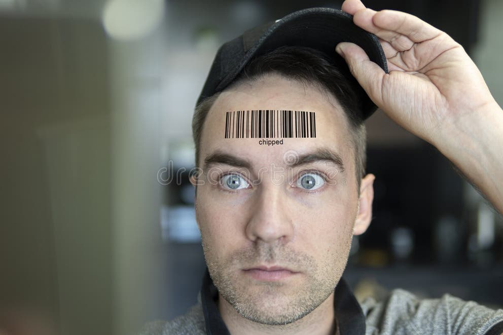 Young Man with a Qr Code on His Forehead. a Man with a Stupid ...