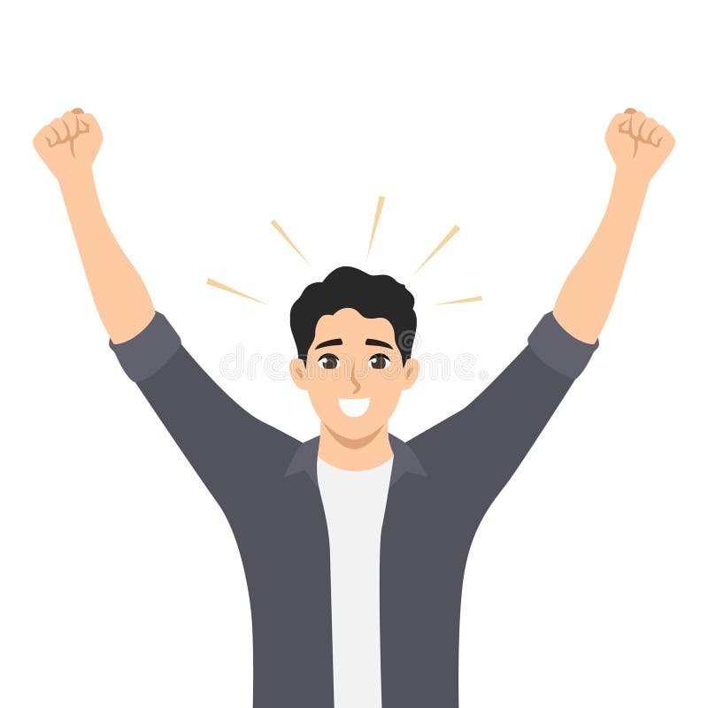Young Man Raises Both Hands in Victory, Expressing Excitement, Joy, and ...