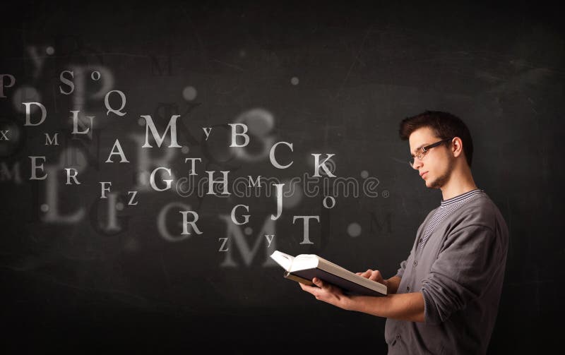 Young Man Reading a Book with Alphabet Letters Stock Image - Image of ...