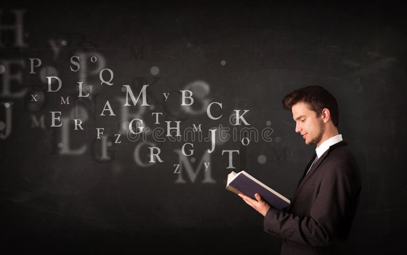 Young Man Reading a Book with Alphabet Letters Stock Photo - Image of ...