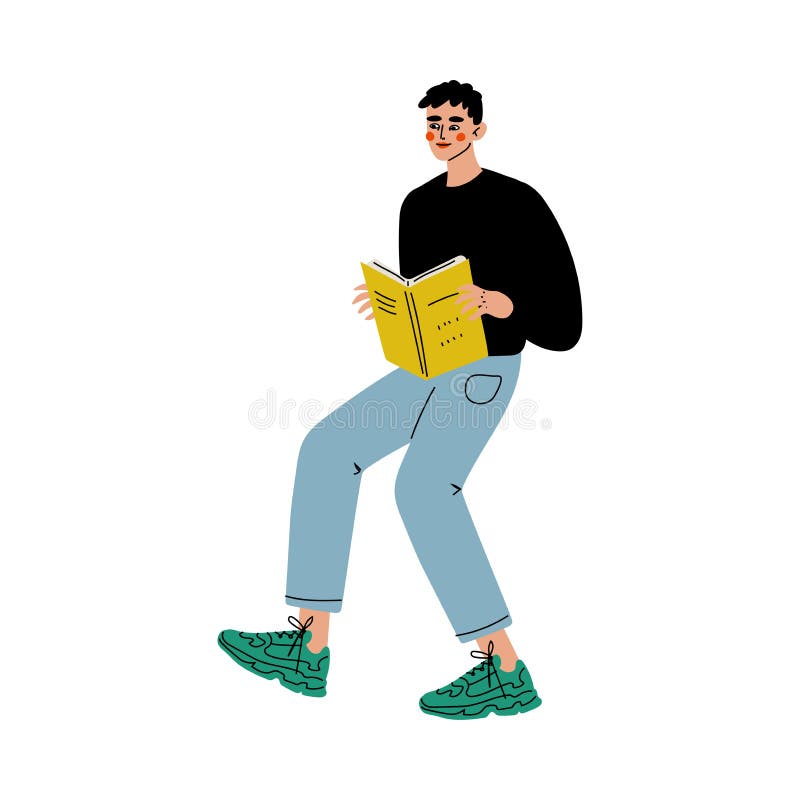 Young Man Reading Book Searching for Information Vector Illustration ...