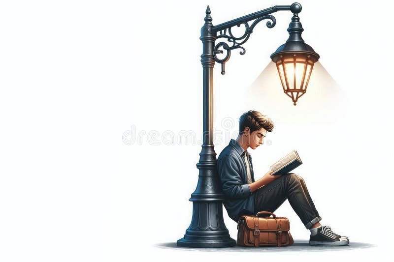 A Young Man Reading a Book Under a Street Lamp. Space for Text. Stock ...