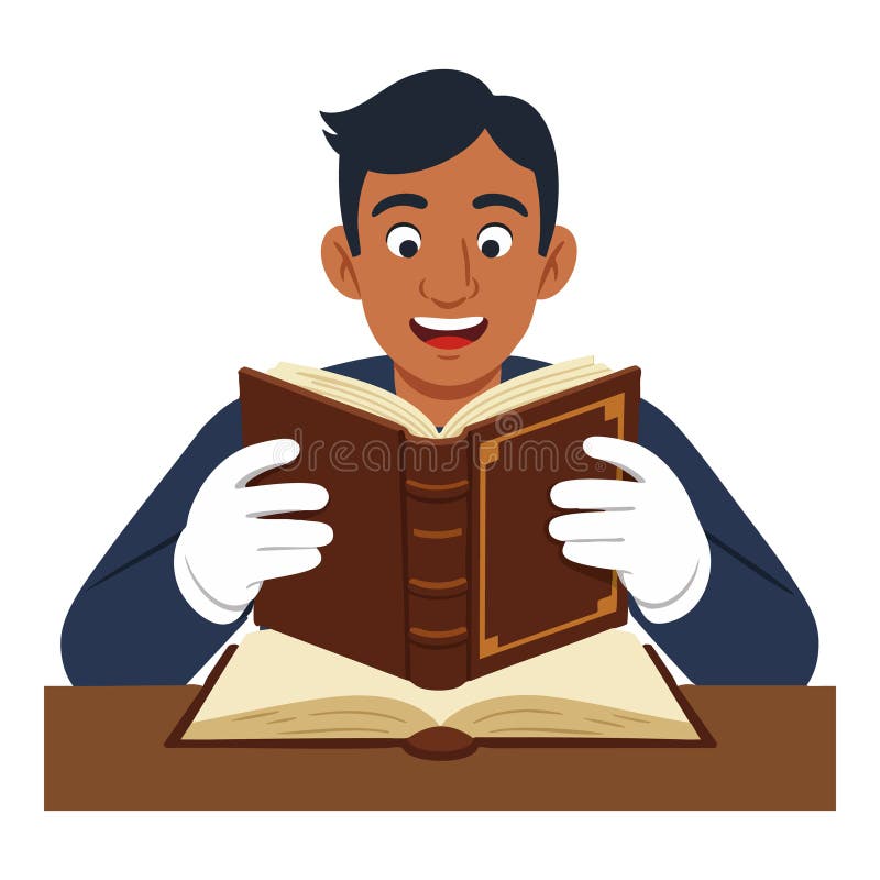 Young Man Reading Open Book with Excitement and Focus at Table Vector ...