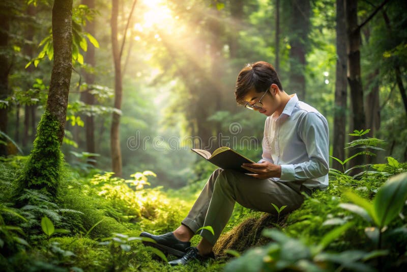 Young Man Reading in a Serene Forest Setting Under Soft Sunlight ...