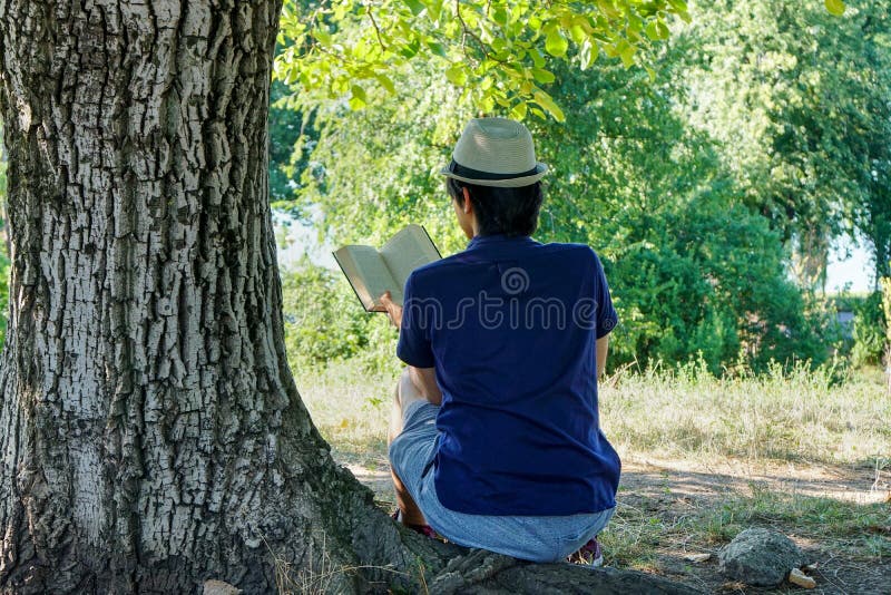 Young Man Reading Under a Tree in Summer Stock Photo - Image of break ...