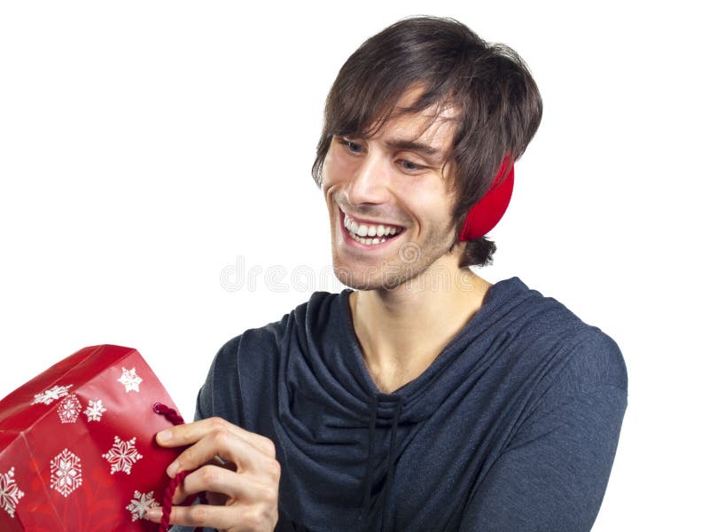 Young Man with a Red Christmas Gift Bag Stock Image - Image of face ...