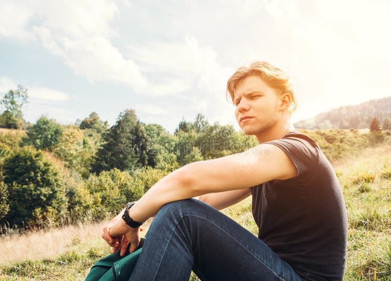 Young Man Rest on the Green Meadow Stock Image - Image of adventure ...