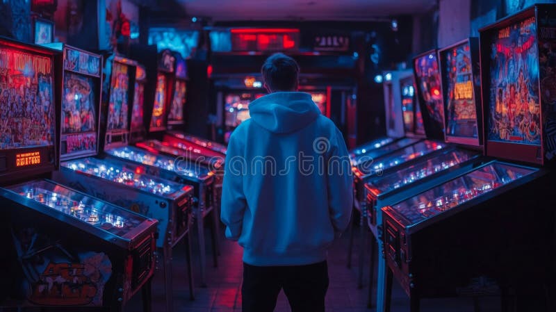 Young Man in Retro Arcade Amidst Glowing Pinball Machines Stock ...