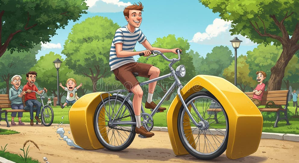 Young Man Rides a Bicycle with Oversized, Rectangular Yellow Wheels ...