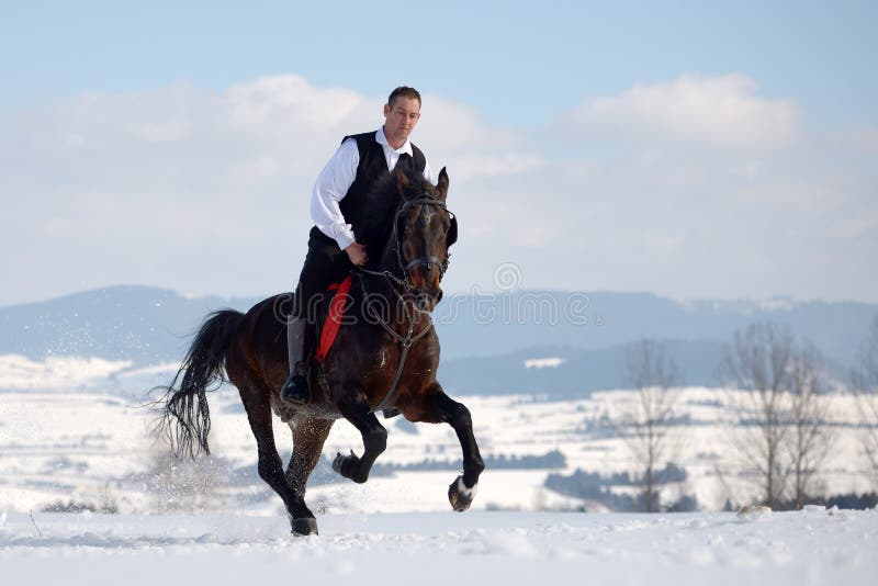 Young Man Riding Horse Outdoor Stock Photo - Image of brown, mountains ...