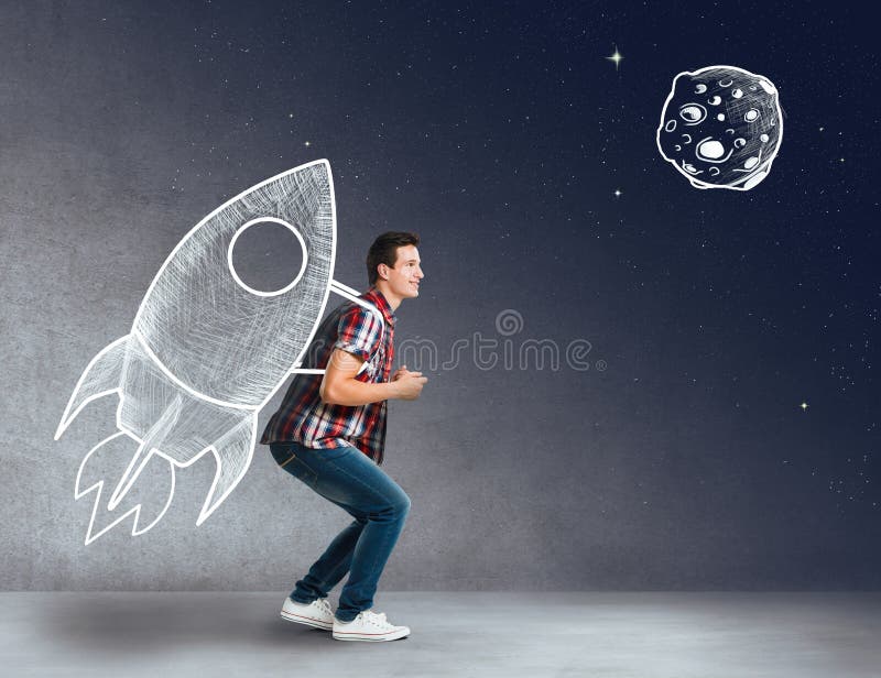 Young Man with a Rocket on His Back Stock Photo - Image of concept ...