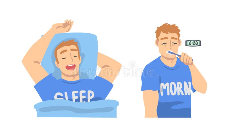 Young Man daily Routine Set. Guy Sleeping at Night and Brushing His ...