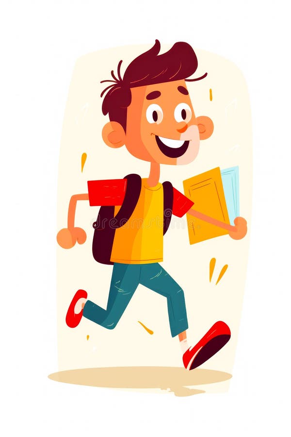 Young Man is Running with Book in His Hand and Smile on His Face ...