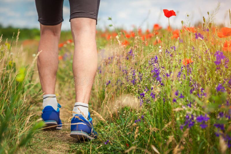 Young Man Running on Poppy Field Stock Image - Image of outdoors, fall ...