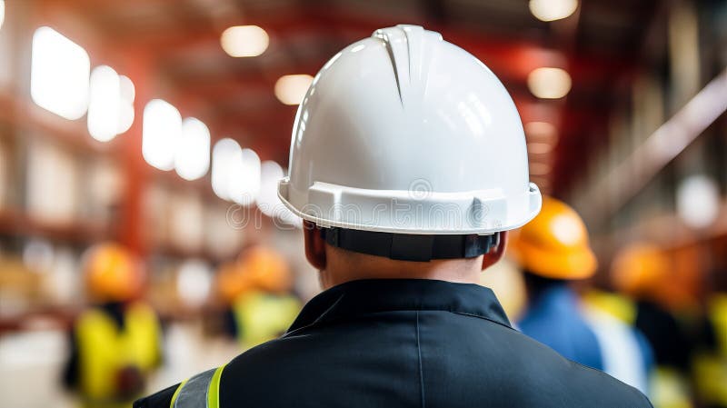 Young Man in Safety Helmet at Logistics Center with Blurred Background ...