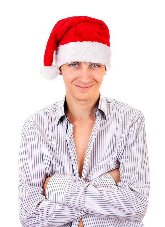 Young Man in Santa Hat stock photo. Image of stand, closeup - 78908570