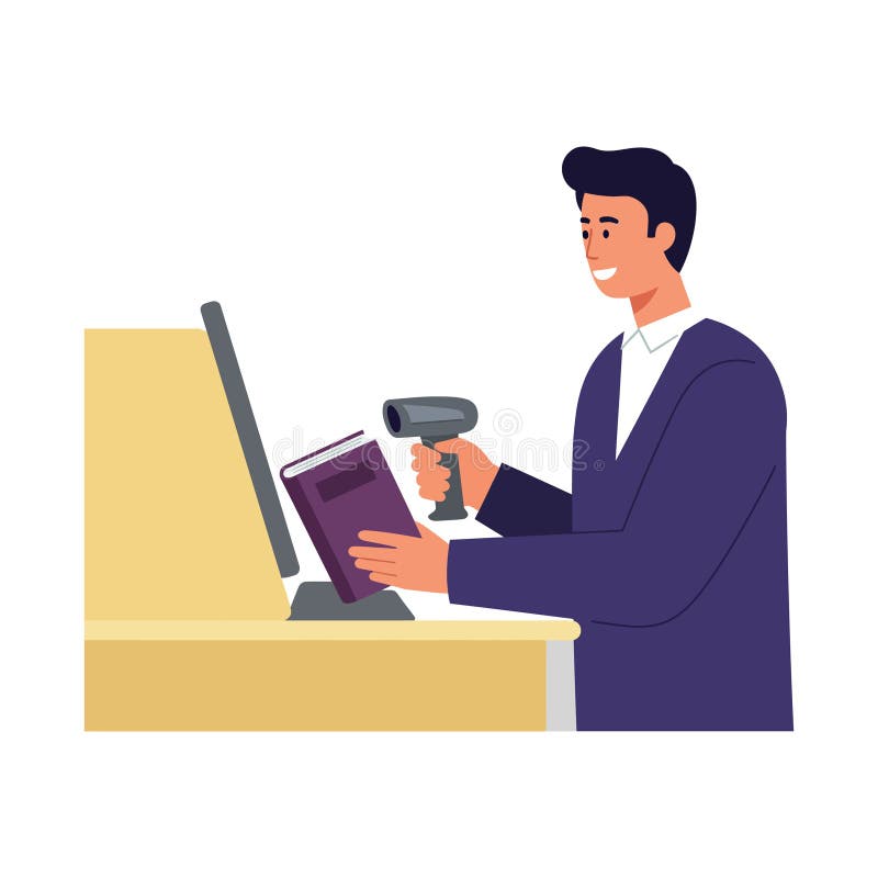 Young Man Scanning Book at Counter Using Barcode Scanner in Flat Design ...