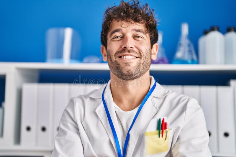 Young Man Scientist Smiling Confident Standing at Laboratory Stock ...