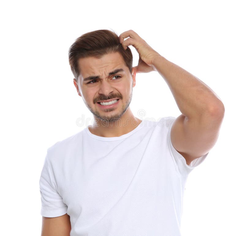 Young Man Scratching Head on White Background. Stock Photo - Image of ...