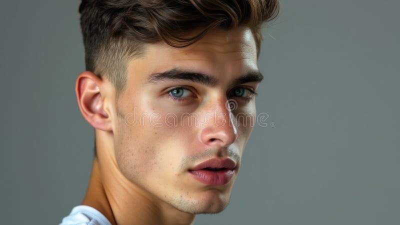 Young Man with Serious Expression Poses for a Portrait Against a Grey ...
