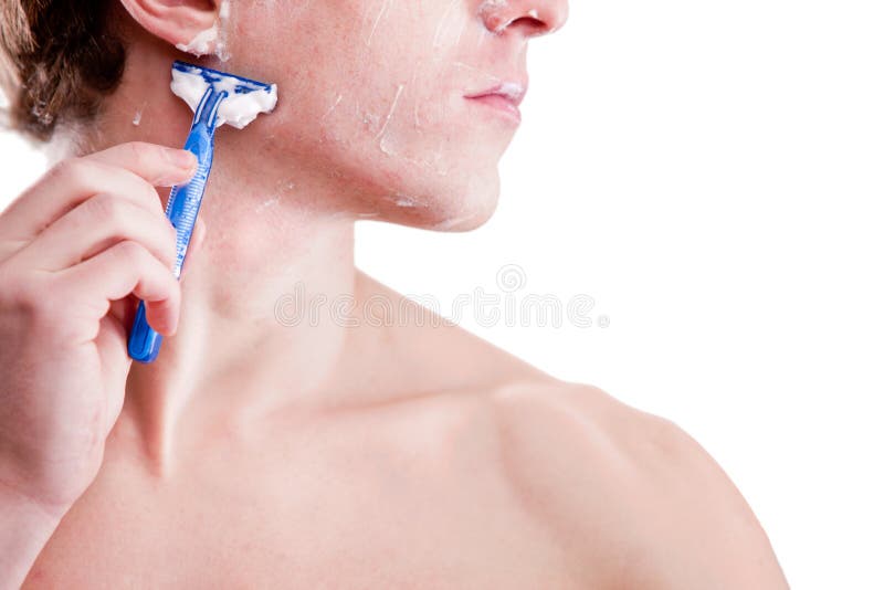Young Man Shaving with a Blue Razor Stock Photo - Image of beard, young ...