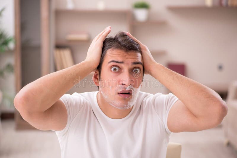 Young Man Shaving Face at Home Stock Image - Image of beauty, foam ...