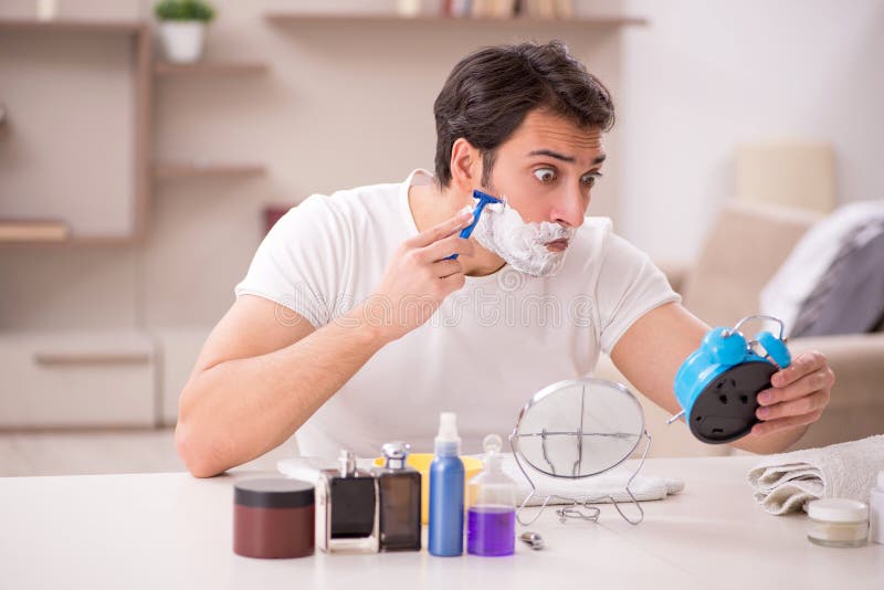Young Man Shaving Face at Home Stock Image - Image of mirror, applying ...