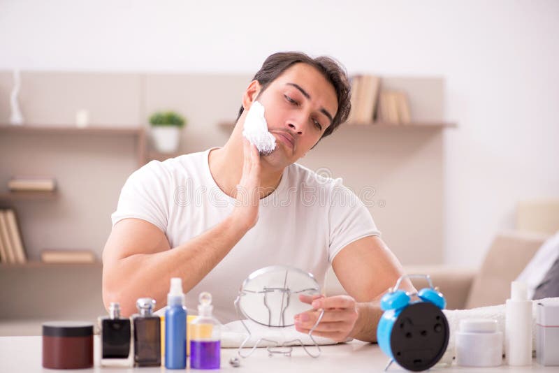 Young Man Shaving Face at Home Stock Image - Image of healthy, hair ...