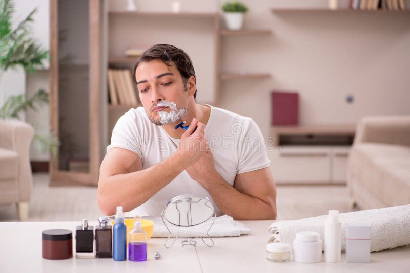 Young Man Shaving Face at Home Stock Image - Image of hygiene ...